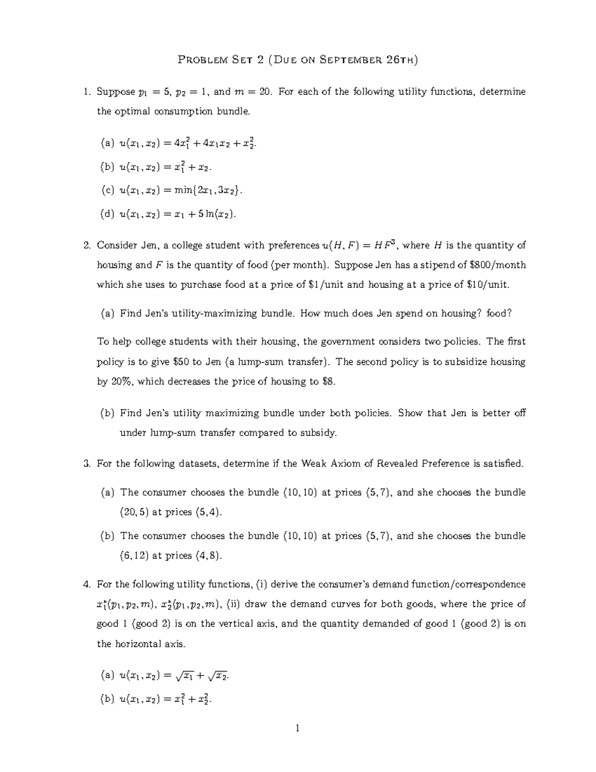 Problem Set 2: Utility Maximization & Demand Analysis in Microeconomics - Studocu