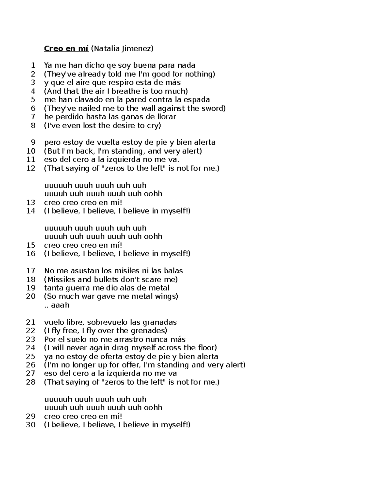 Creo en mí - Spanish Song - Creo en mí (Natalia Jimenez) Ya me han ...