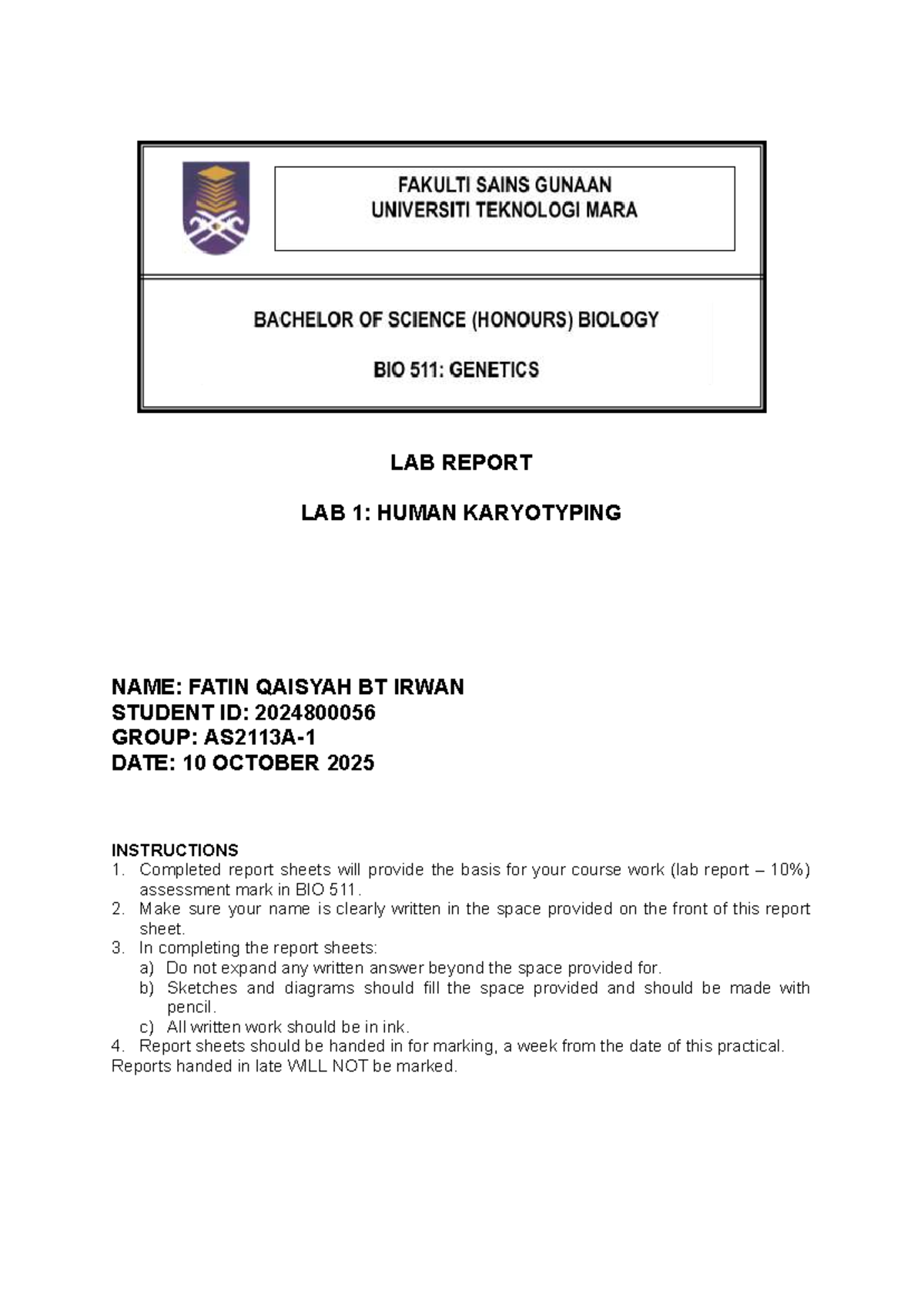 LAB 1: Human Karyotyping Report for BIO 511 - Studocu