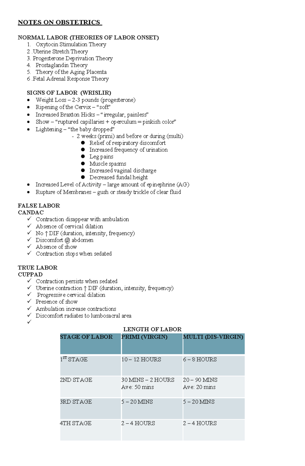 NOTES ON OBSTETRICS (OB 101) - NORMAL LABOR THEORIES & SIGNS - Studocu