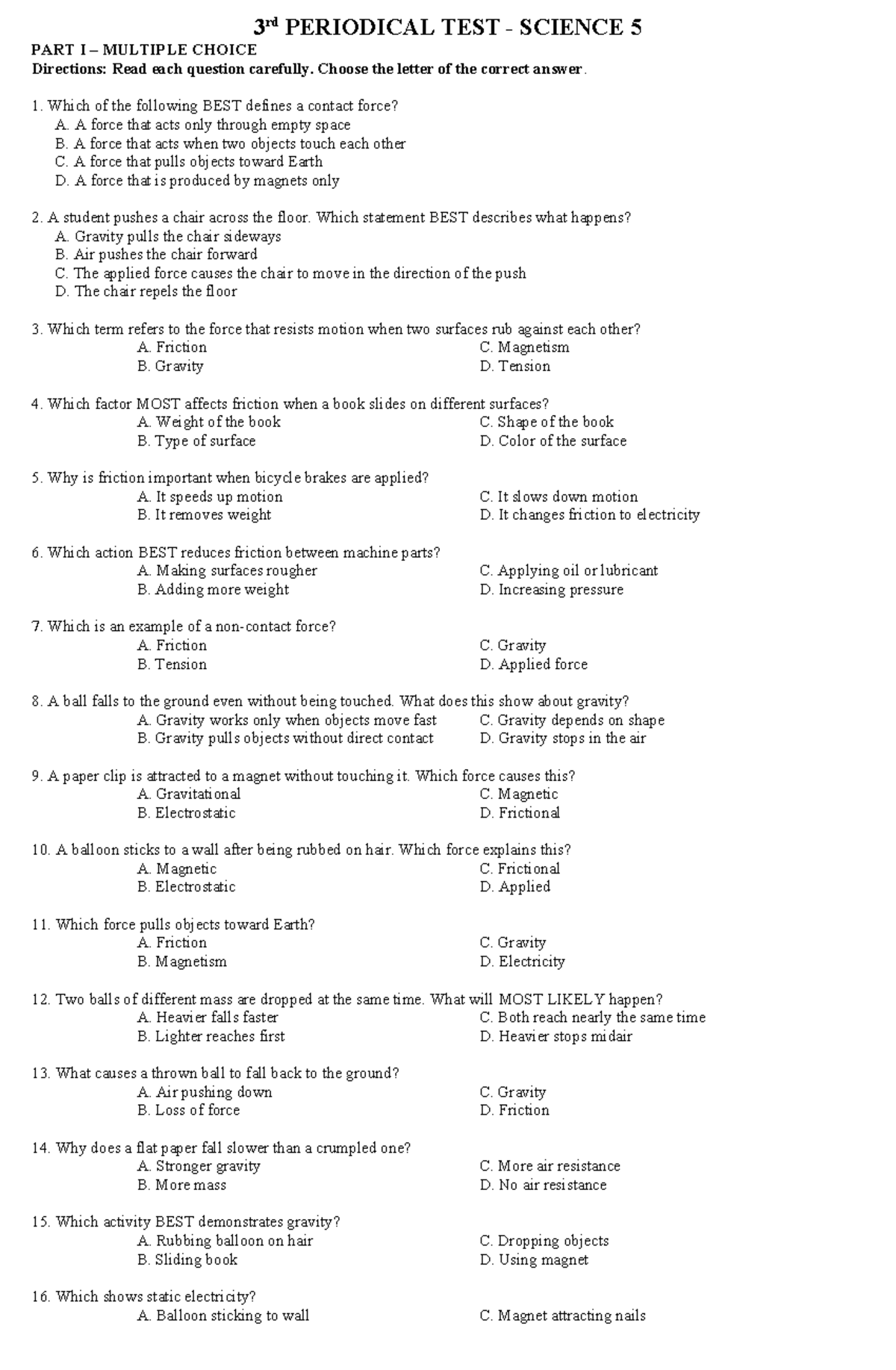3rd Periodical Test Science 5: Multiple Choice & Answer Key - Studocu