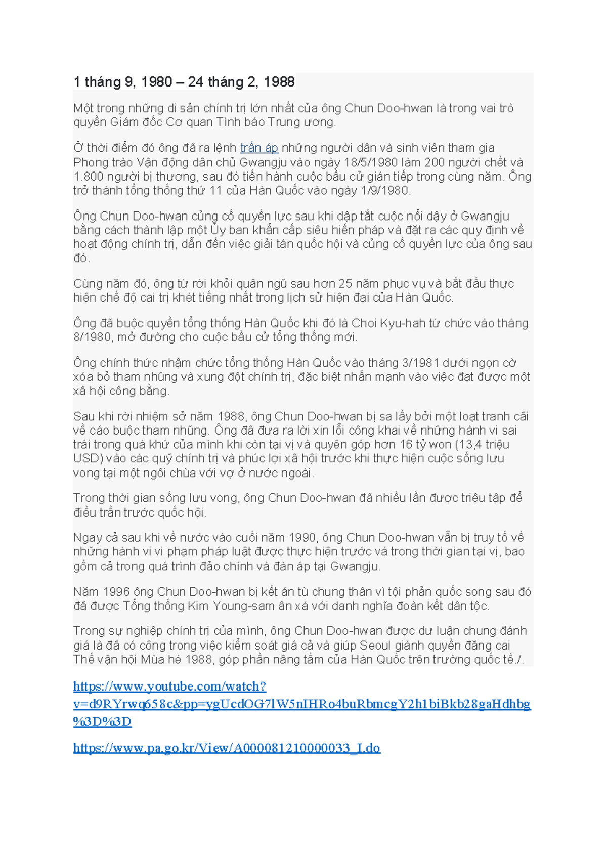 Tiểu sử Tổng thống Hàn Quốc Chun Doo-hwan (1980-1988) và di sản chính ...