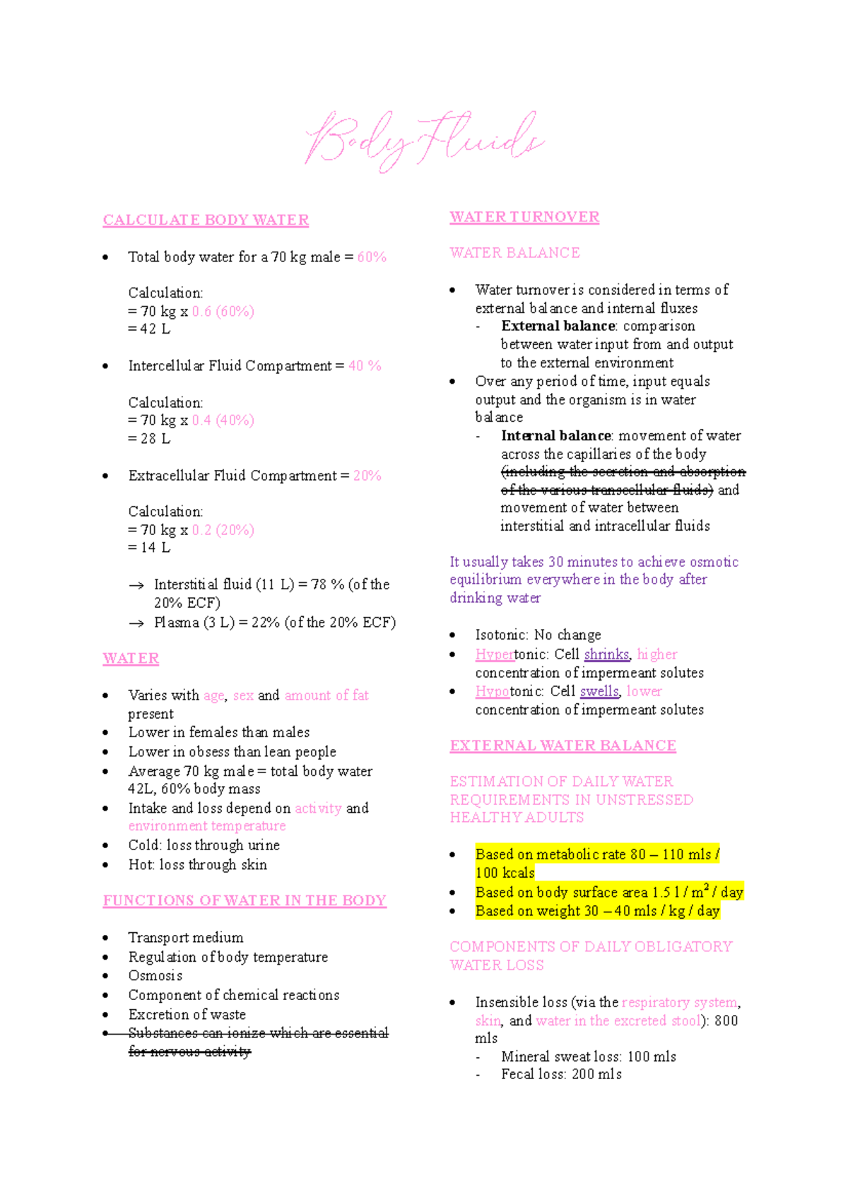 Body Fluids (BIO 101) - Comprehensive Study Notes on Water Balance and ...