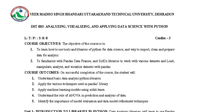 Data Science with Python Syllabus (B.Tech) - VMSB, UTU Dehradun - Studocu