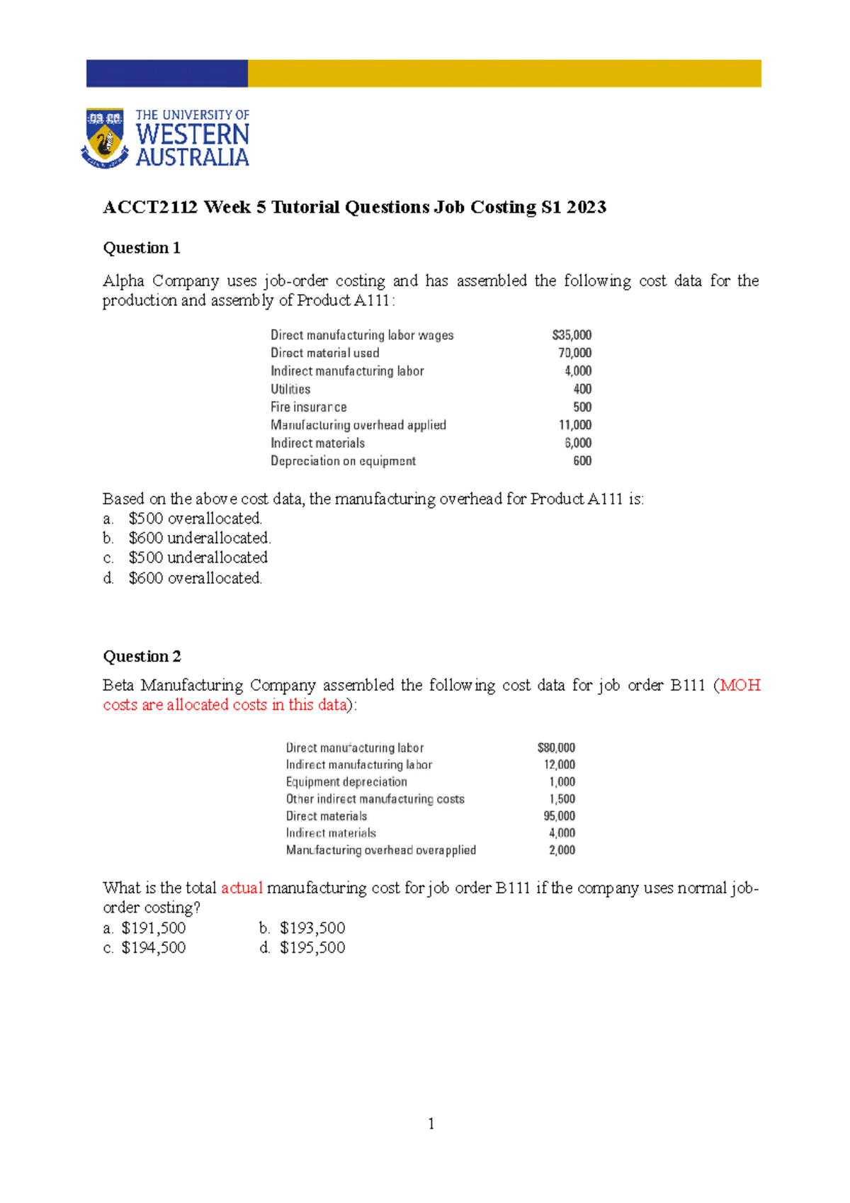 5 ACCT2112 Week 5 Tute Qns Job Costing S1 2023 - ACCT2112 Week 5 ...