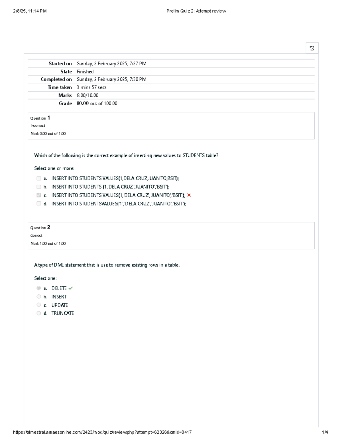Prelim LAB QUIZ 2: Database Management and DML Concepts - Studocu