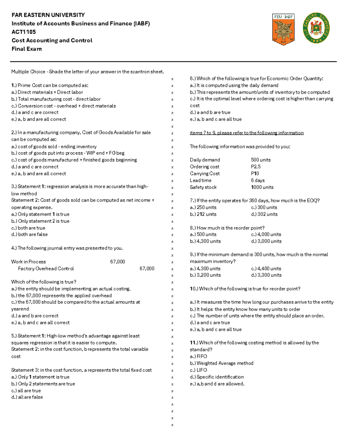 ACT1105 - Final Exam - Cost Accounting MCQ Review - Studocu