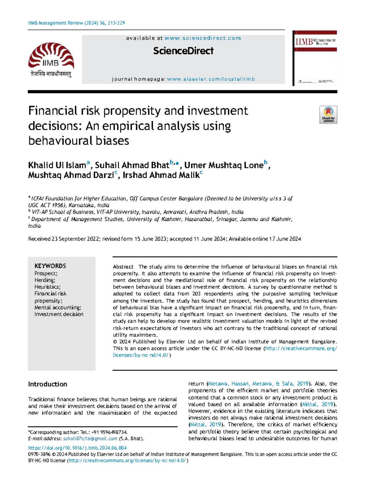 Financial Risk Propensity and Investment Decisions: Insights from IIMB ...