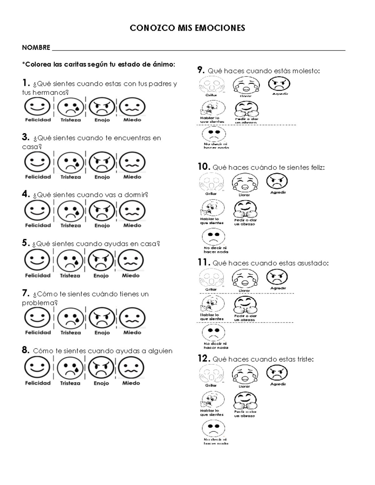 Conozco MIS Emociones - ACTIVIDADES - CONOZCO MIS EMOCIONES NOMBRE ...