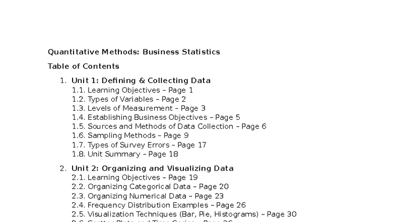 Quantitative Methods: Business Statistics Overview and Units - Studocu