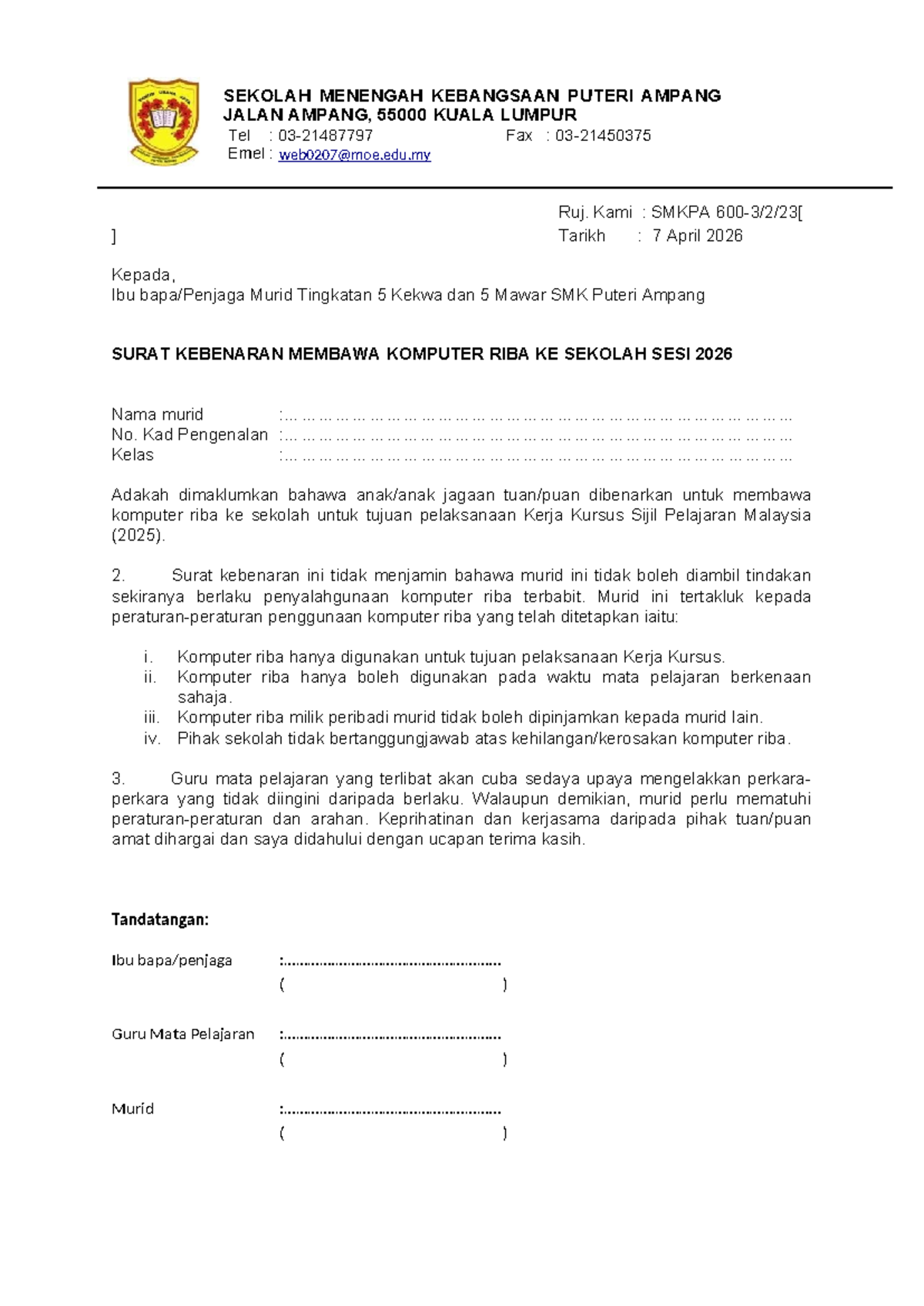 Surat Kebenaran Bawa Komputer Riba ke Sekolah Sesi 2026 - Studocu