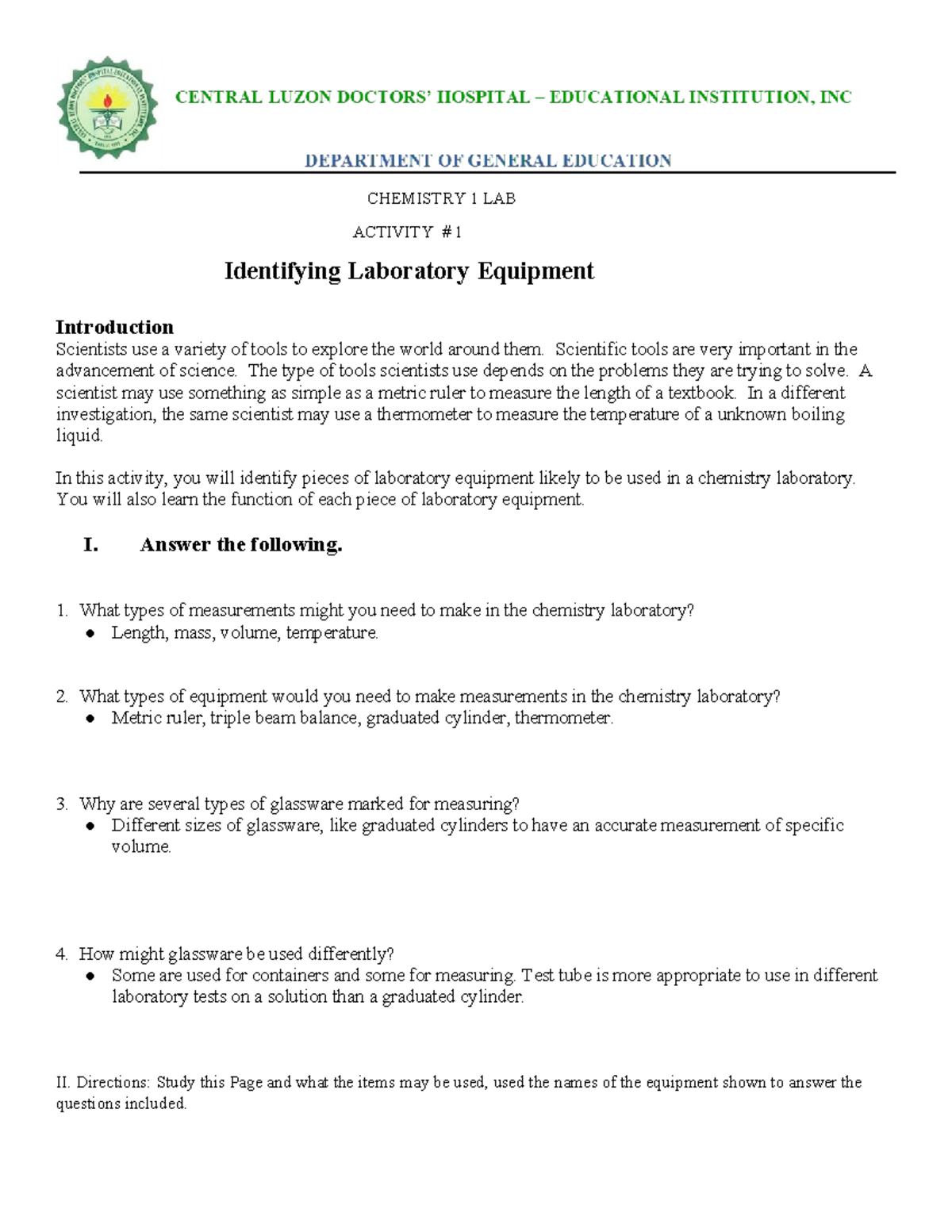 CHEM LAB 1 - dof - CHEMISTRY 1 LAB ACTIVITY # 1 Identifying Laboratory ...