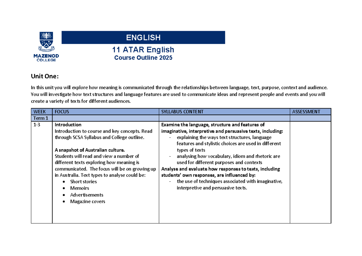 ENGLISH 11 ATAR Course Outline & Assessment Overview 2025 - Studocu