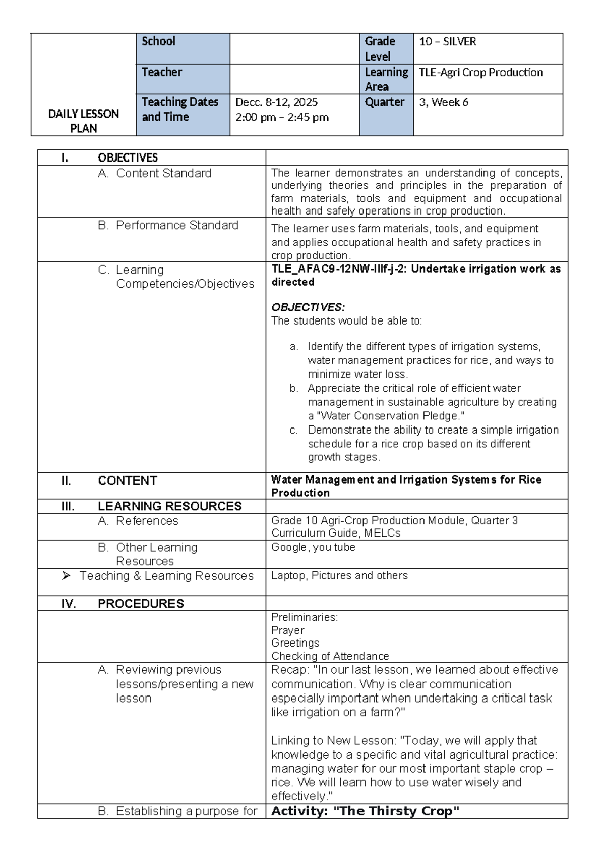 Grade 10 TLE Lesson Plan: Types of Irrigation Systems - Studocu