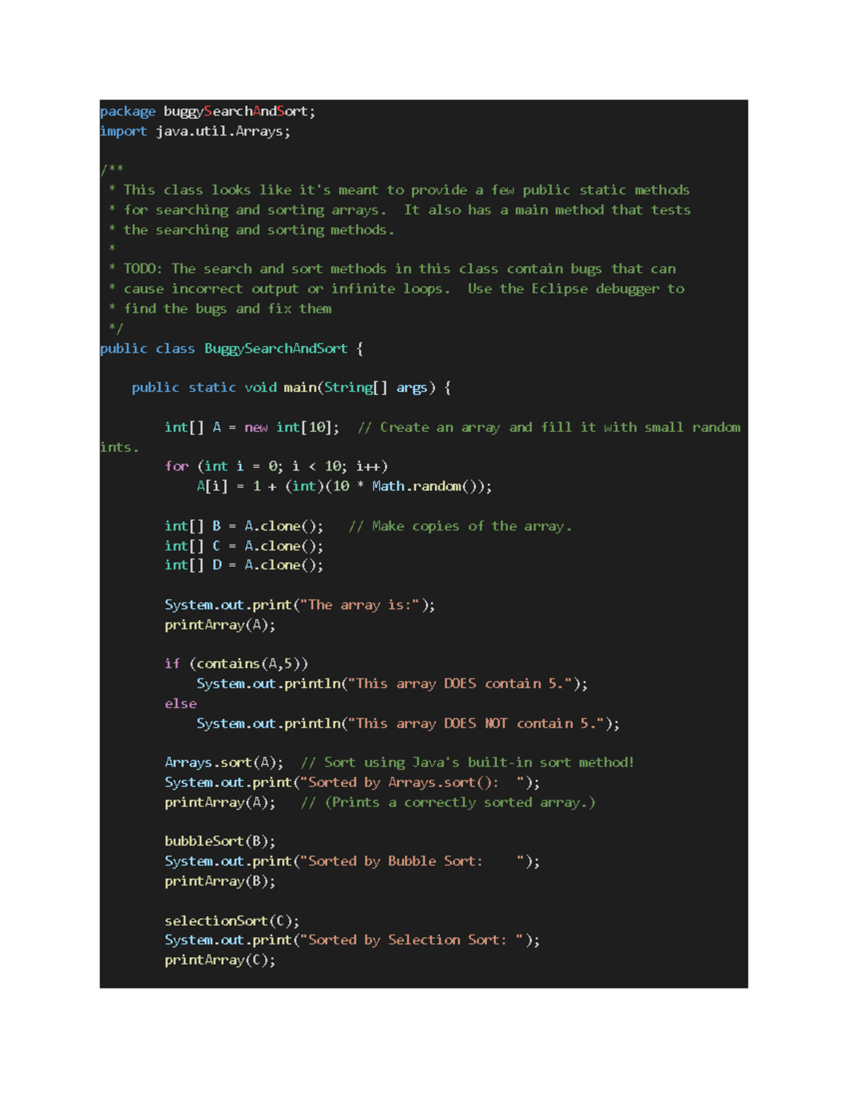 Programming Assignment Unit 4 - ex. buggySearchAndSort - package ...