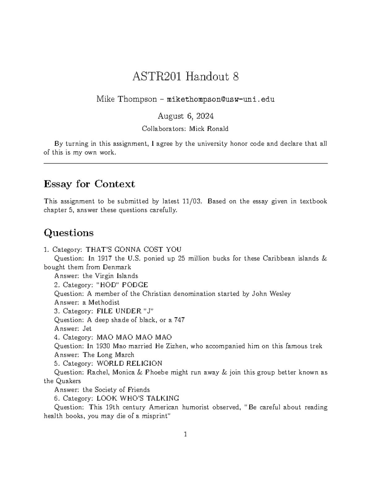 ASTR201 Handout 8: Astronomy Quiz Questions and Answers - Studocu
