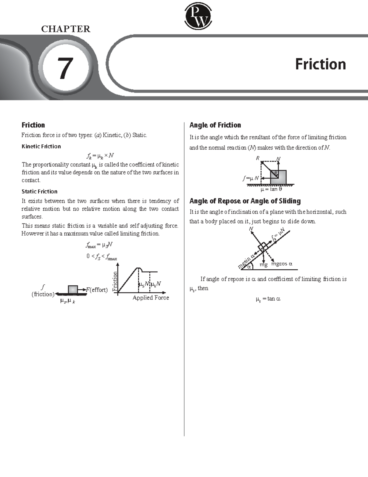 Friction Short notes - CHAPTER 7 Friction Friction Friction force is of ...