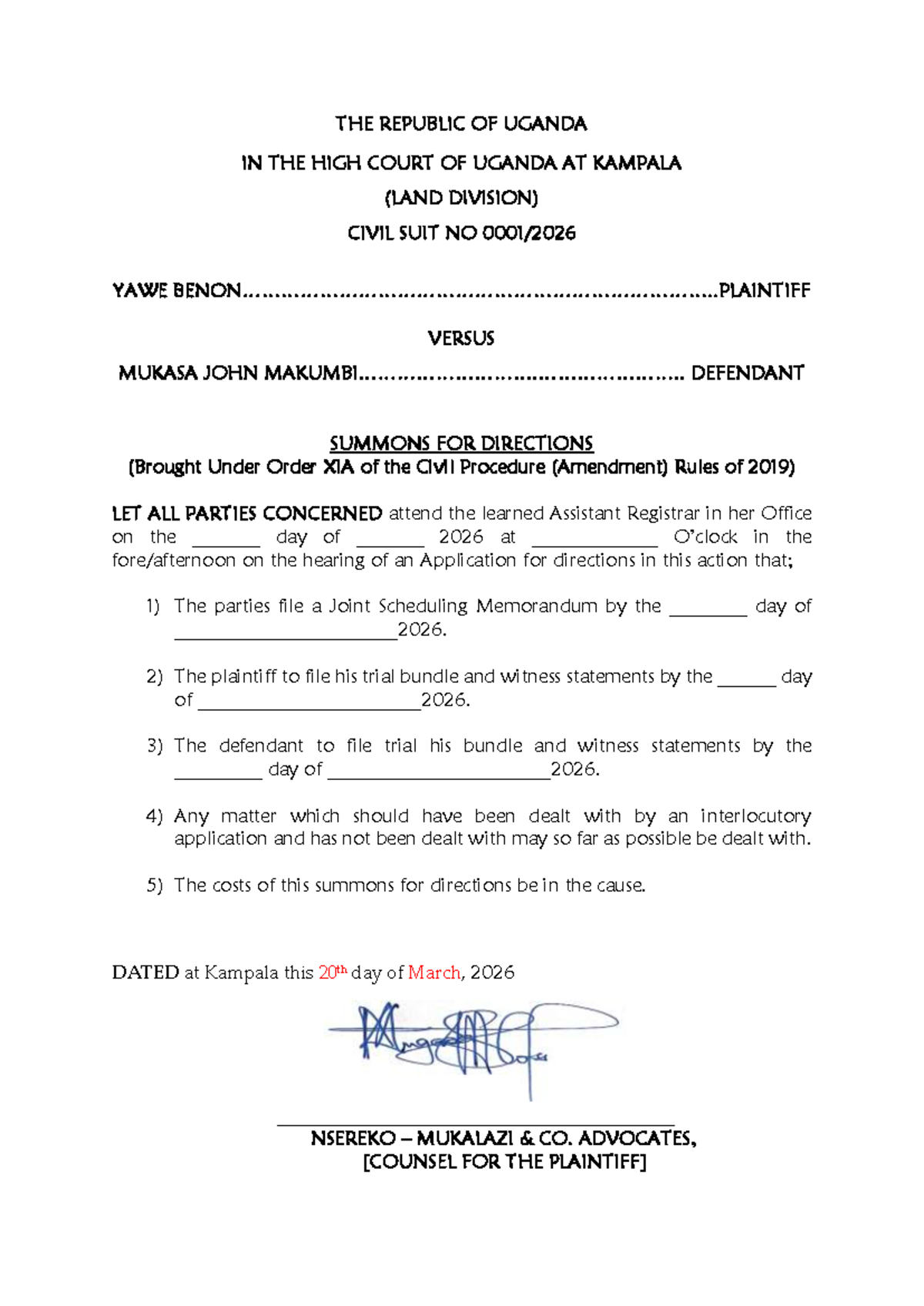 Summons for Directions in Civil Suit No. YAWE v. MUKASA - Uganda High ...
