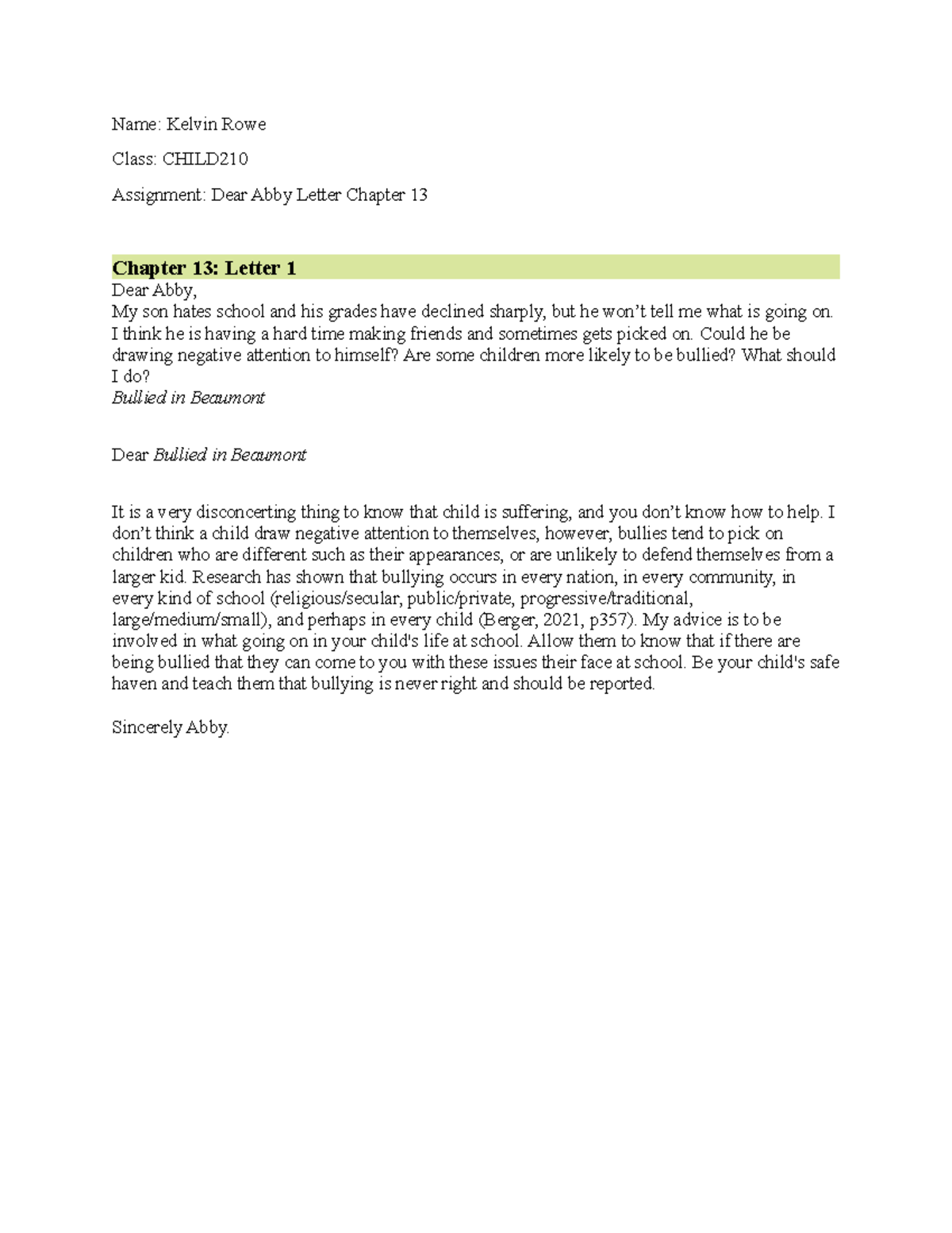 Dear Abby Letter