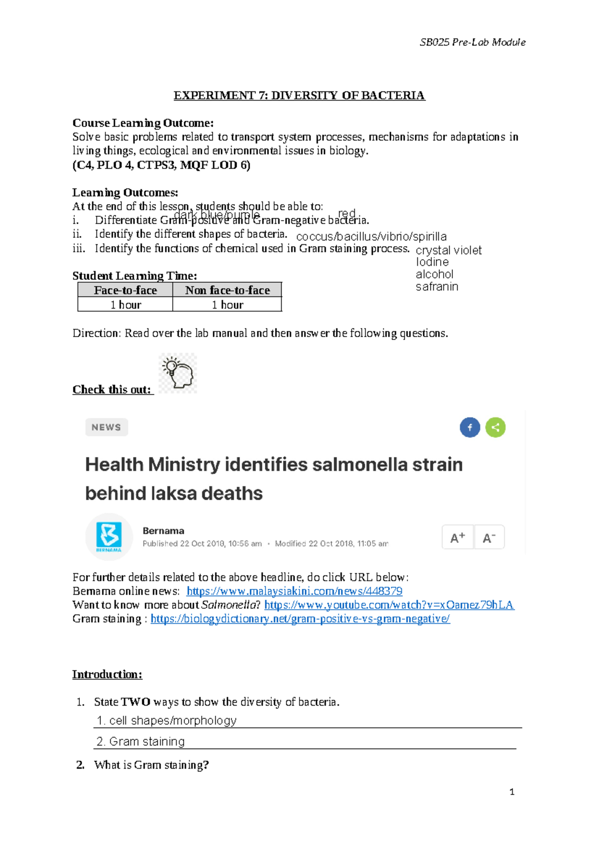 Expt 7 Pre-Lab: Diversity of Bacteria - SB025 Bio Sem 4 - Studocu