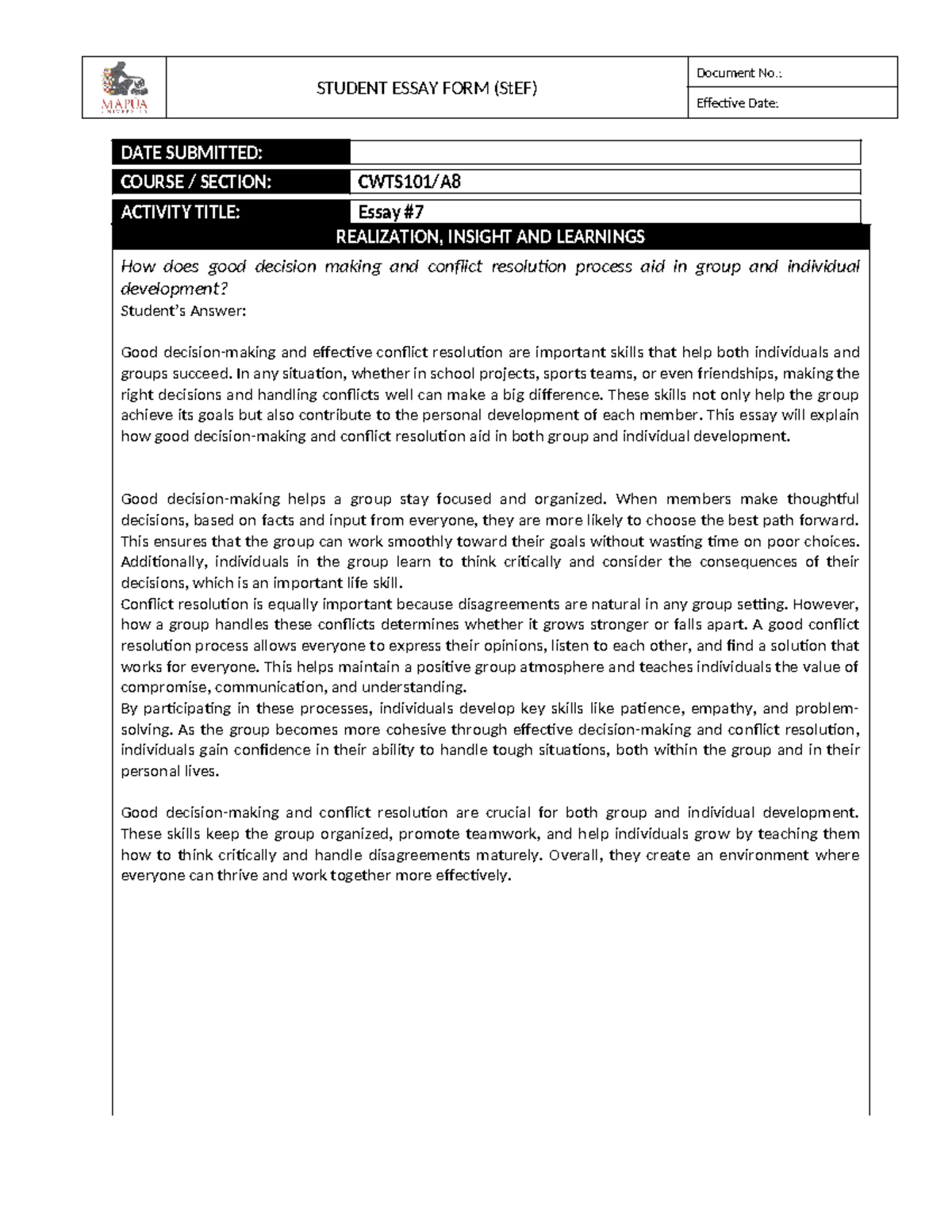 CWTS101-A Essay on Decision-Making & Conflict Resolution Insights - Studocu