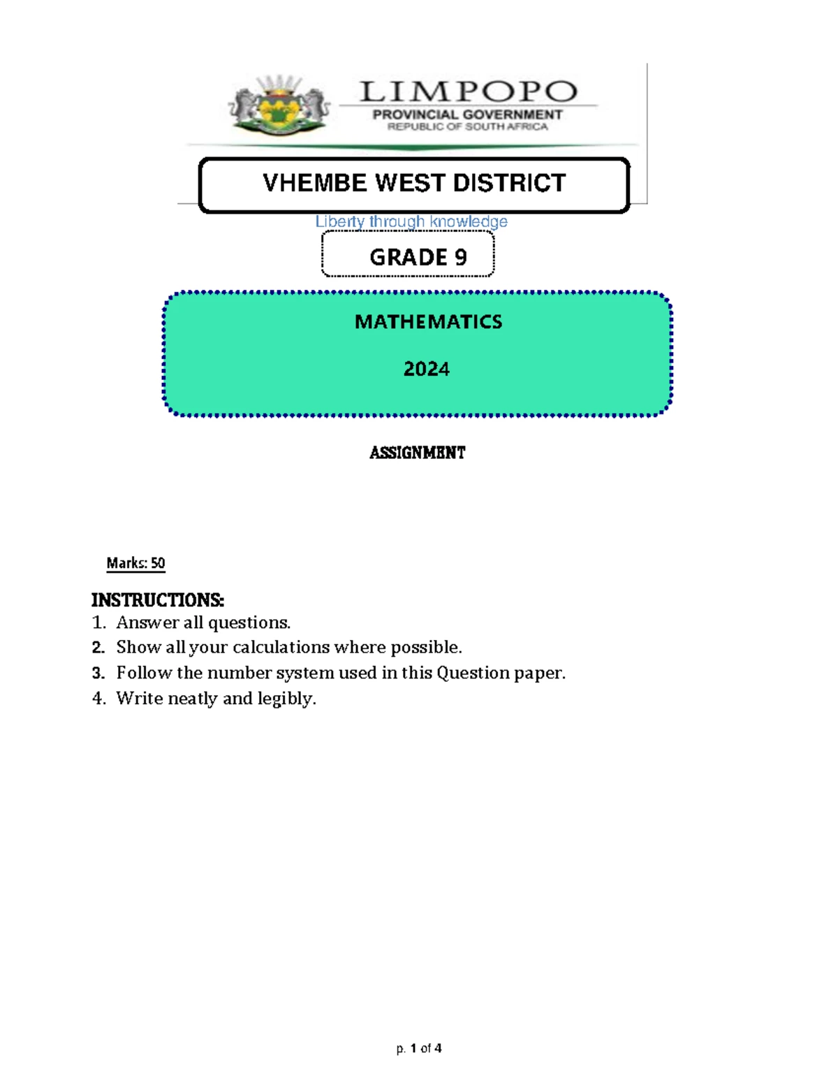 Graad 9 Wiskunde Toets Kwartaal 1: Hele Getalle en Integers Memo - Studocu