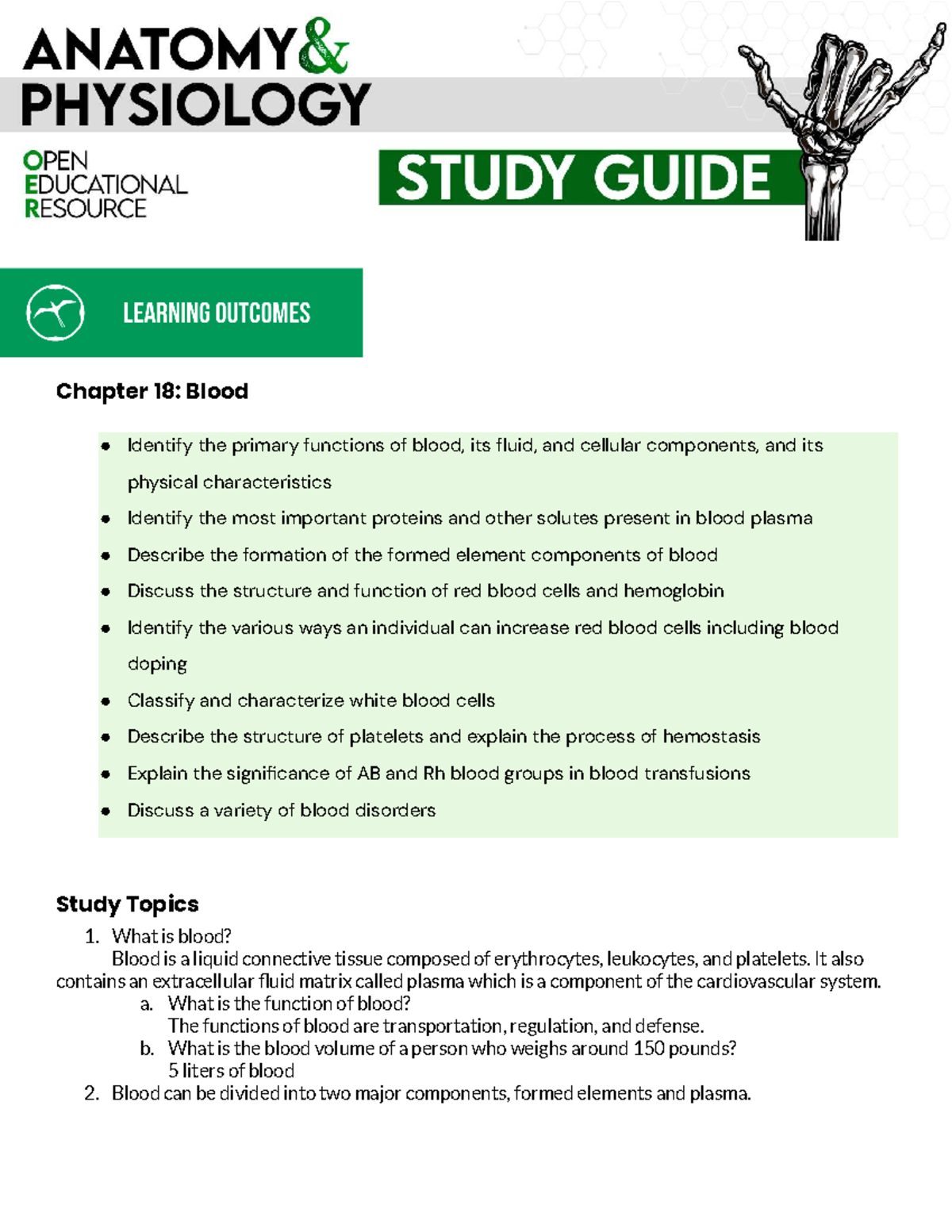 Chapter 18 Study Guide: Blood Functions, Components & Disorders - Studocu