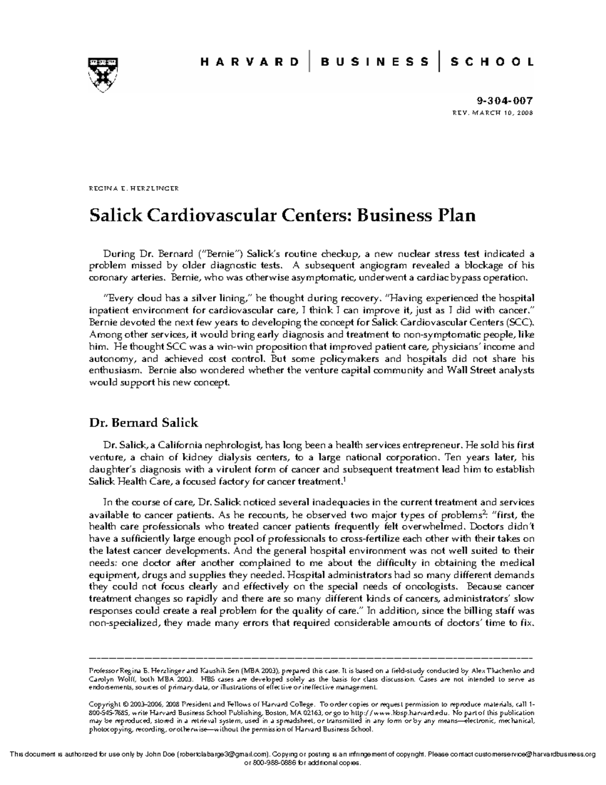 Salick Cardiovascular Centers Business Plan (304-007): A Comprehensive ...