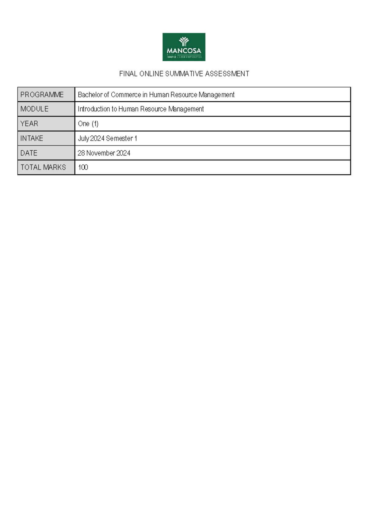 Introduction to Human Resource Management Final OSA - 28 November 2024 ...