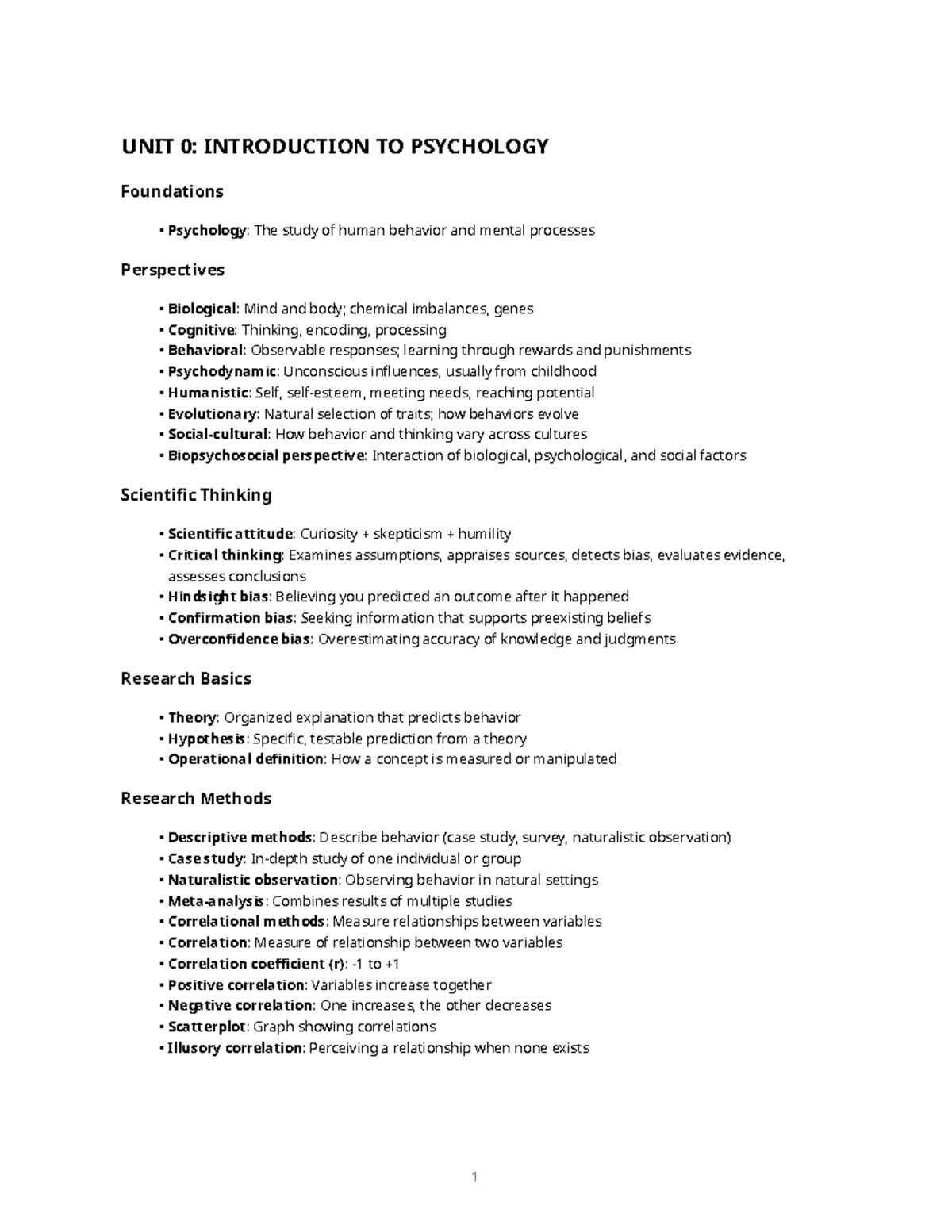AP Psychology Fall Final Study Sheet (Units 0-2) - Studocu