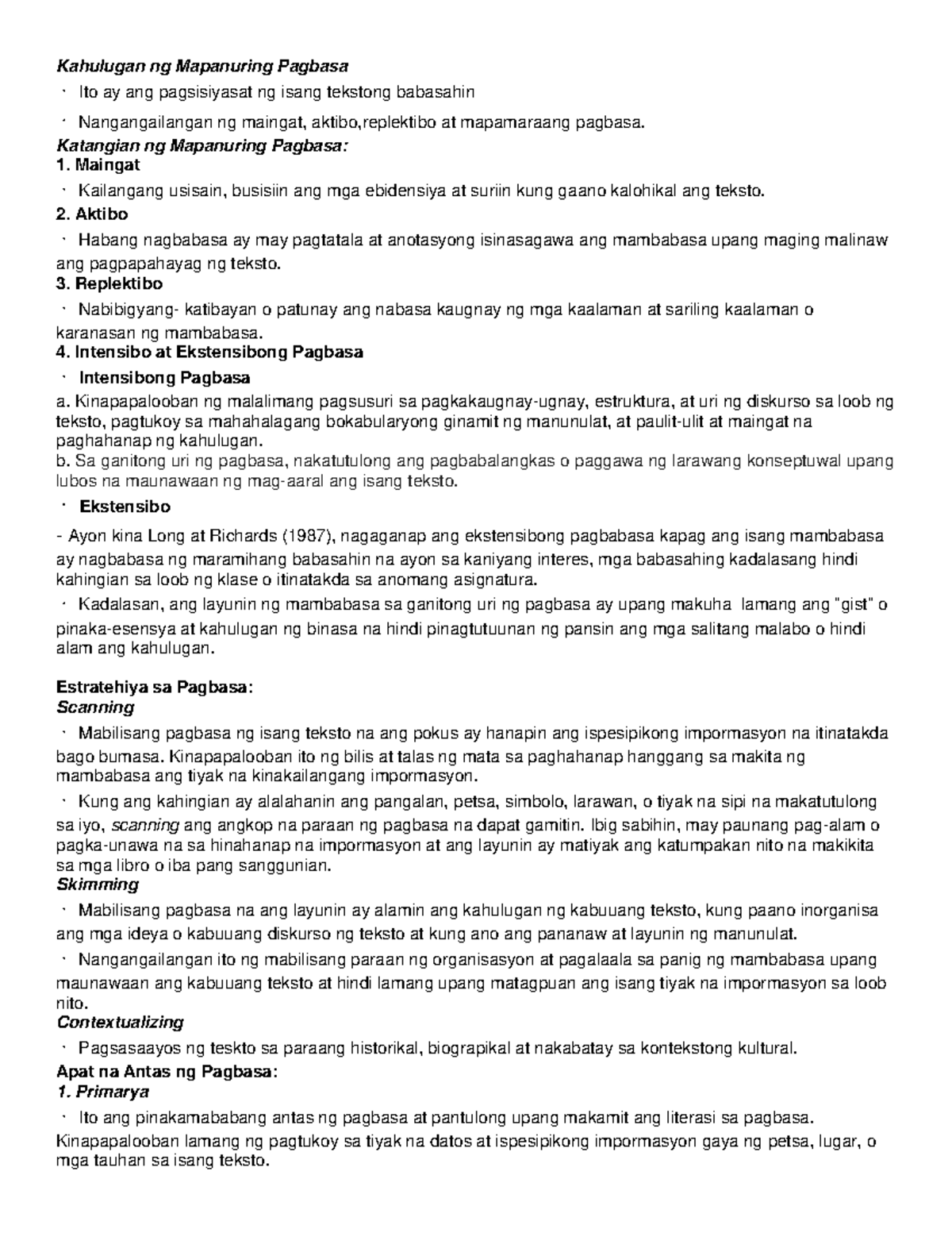 Kahulugan at Katangian ng Mapanuring Pagbasa: Isang Pagsusuri - Studocu