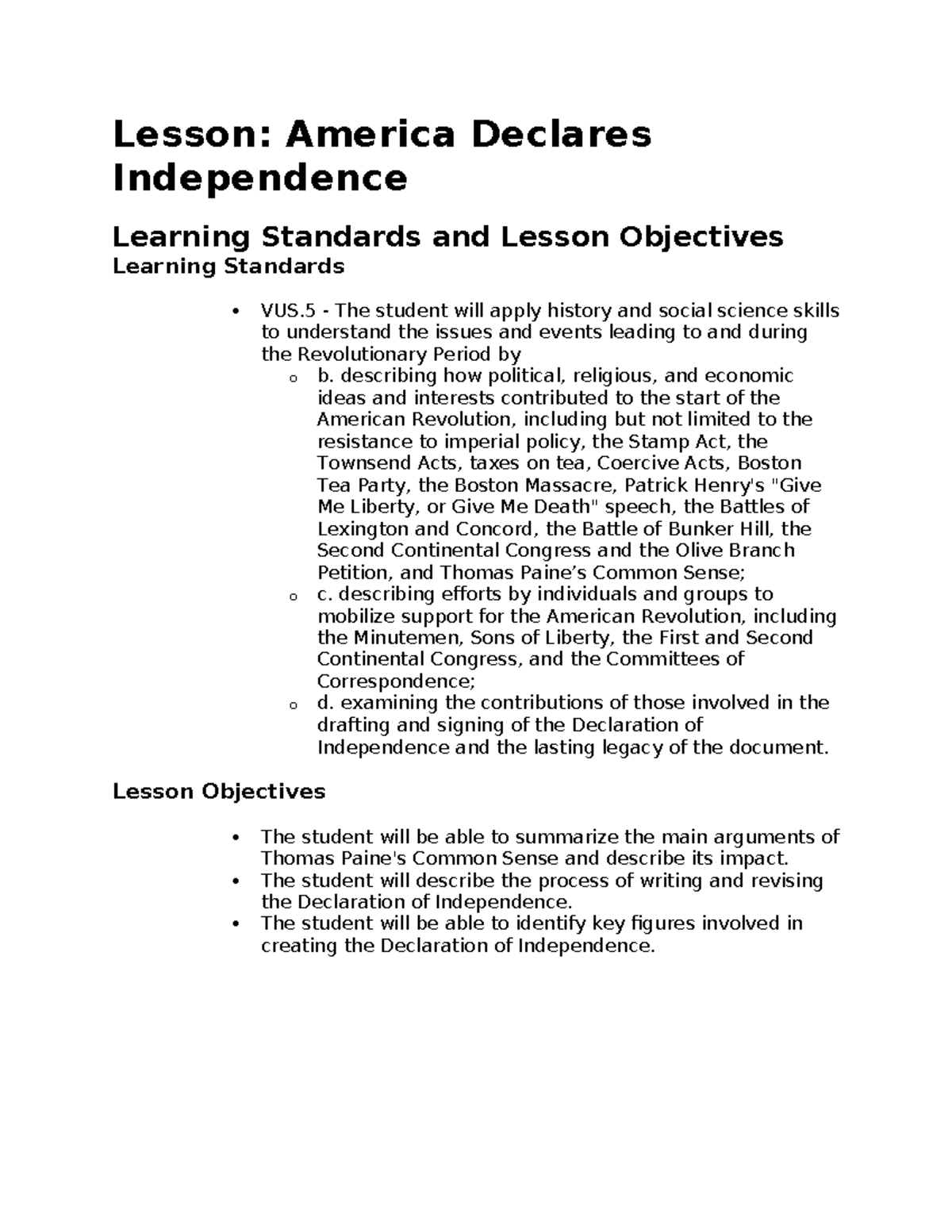 Lesson: America's Revolutionary Shift - Common Sense & Independence VUS ...