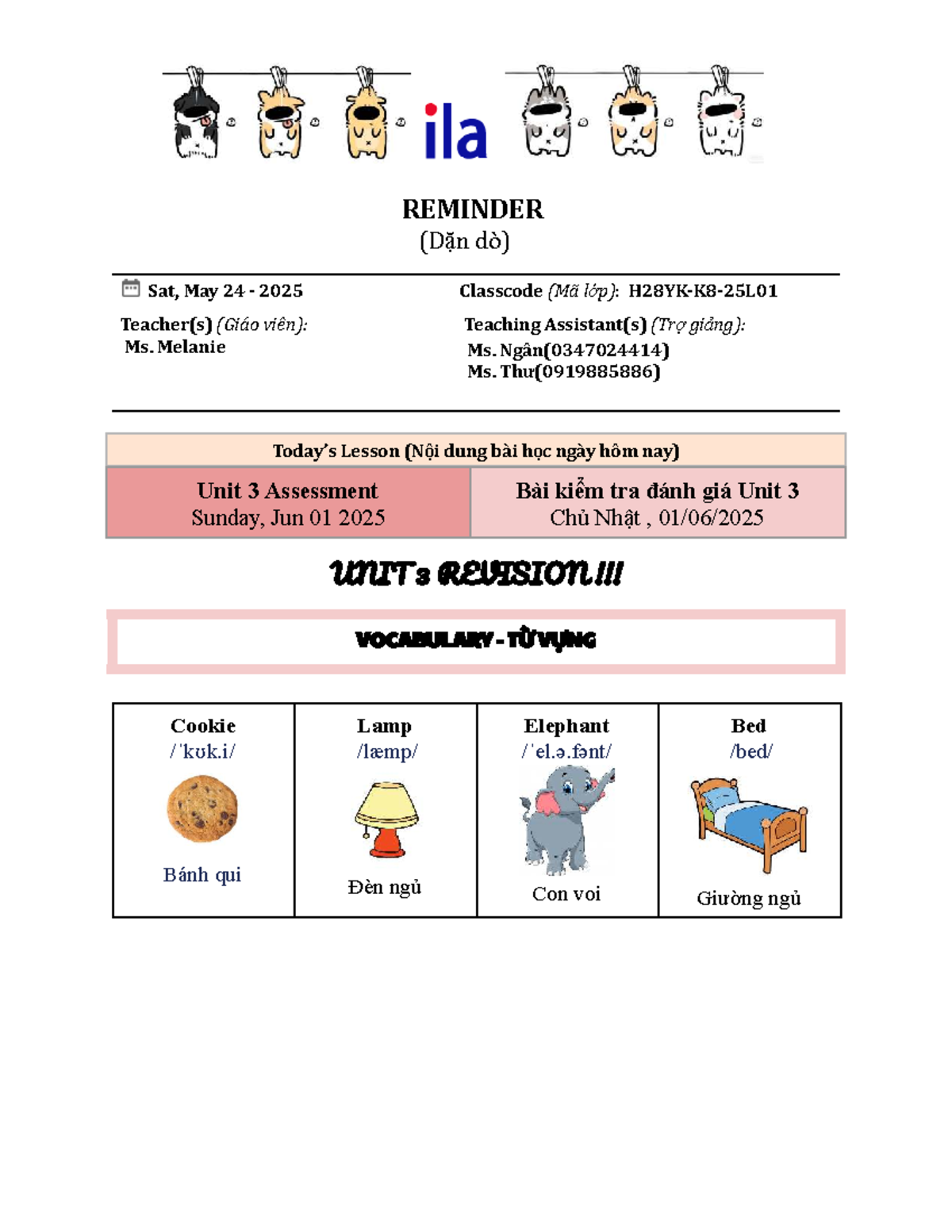 Unit 3 Revision Reminder for Class (Mã lớp): Ms. Melanie & TAs - Studocu