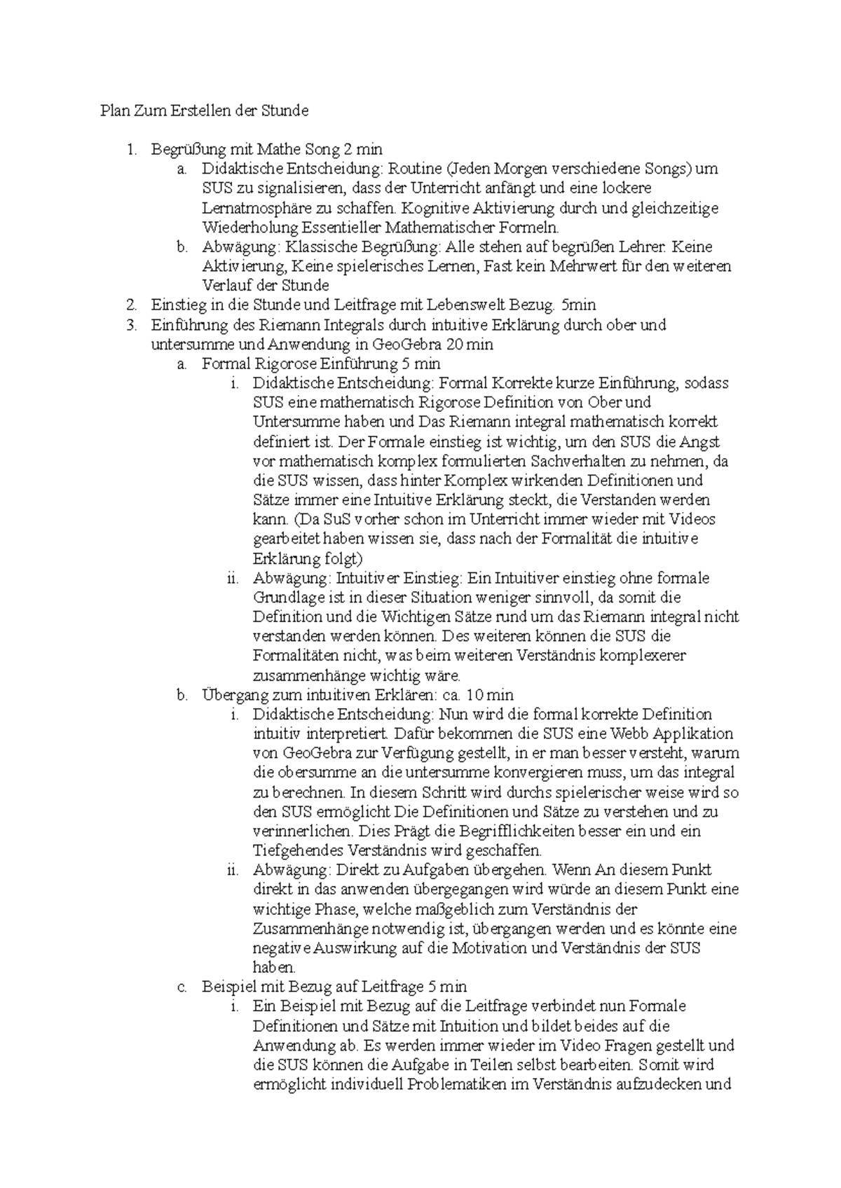 Stundenplan für die Einführung des Riemann Integrals im Matheunterricht ...