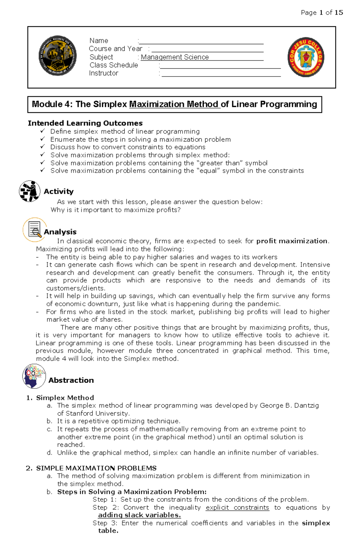 Module 4: The Simplex Maximization Method of Linear Programming - Studocu