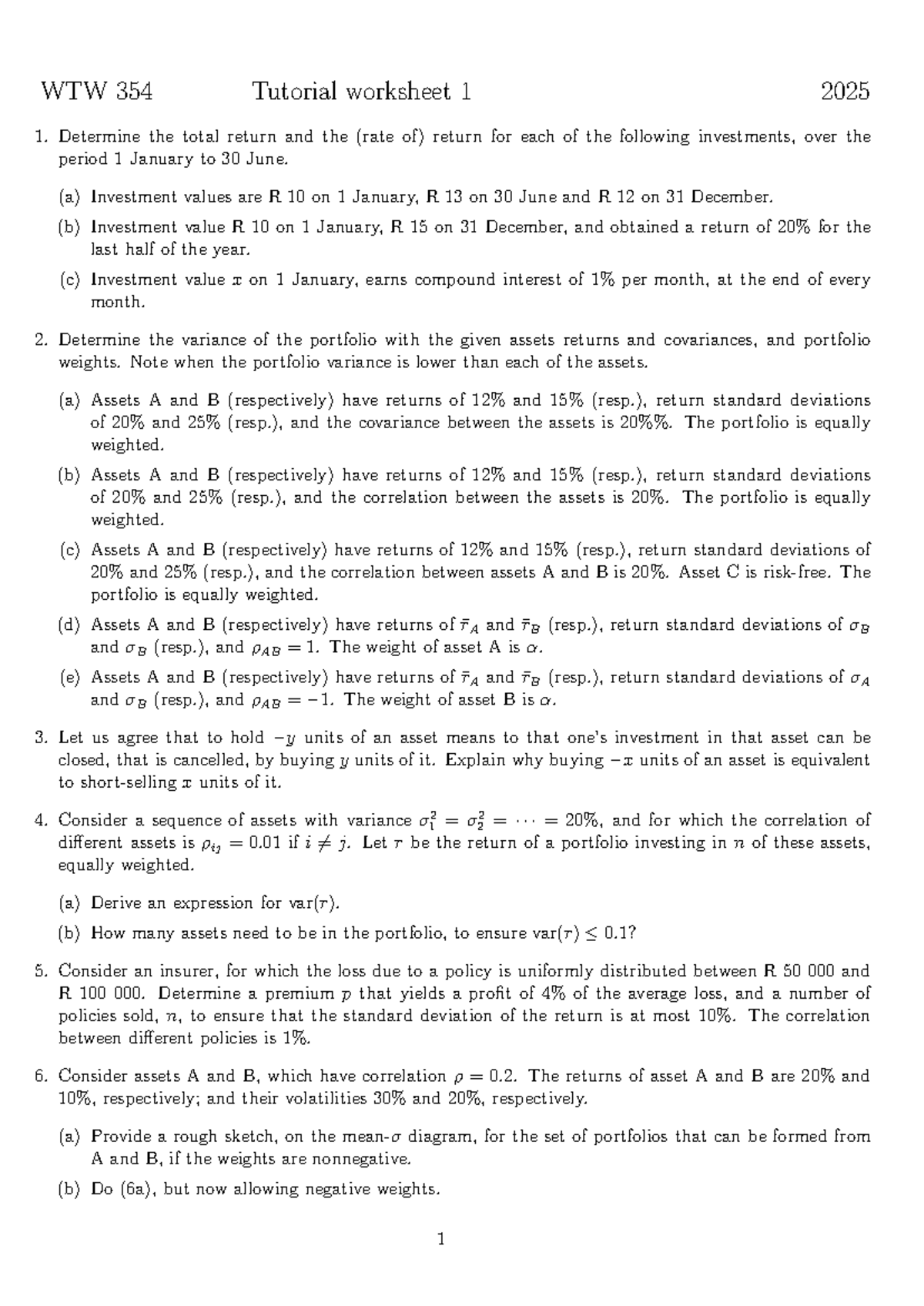 Tut1 - Tutorial 1 practice material - WTW 354 Tutorial worksheet 1 2025 ...