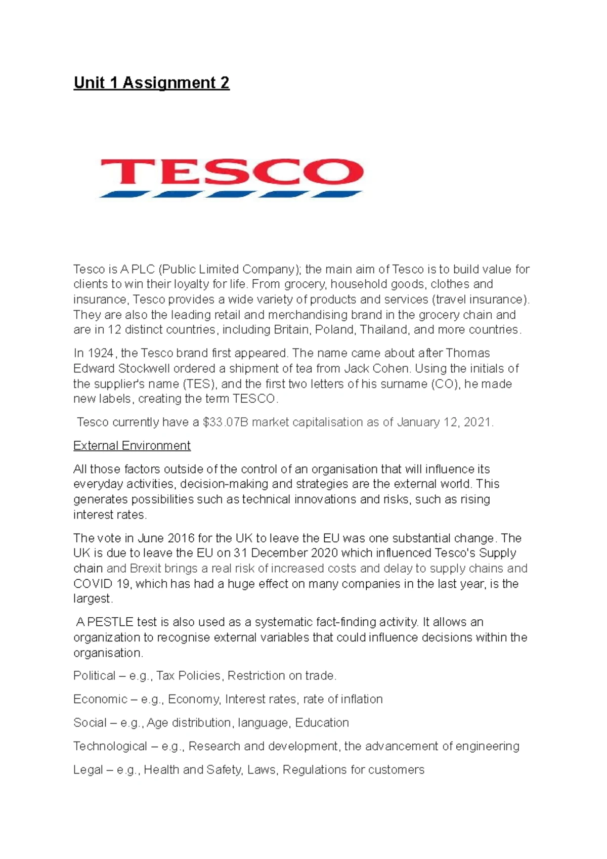 Assignment 2 - Unit 5 International Business - External Factors and ...