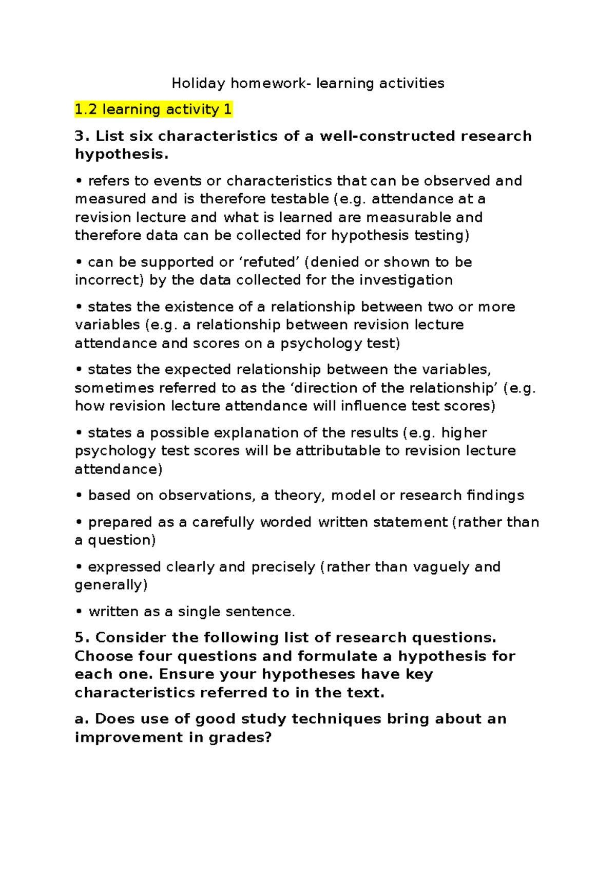 Holiday Homework - Research Hypothesis Characteristics & Formulation ...