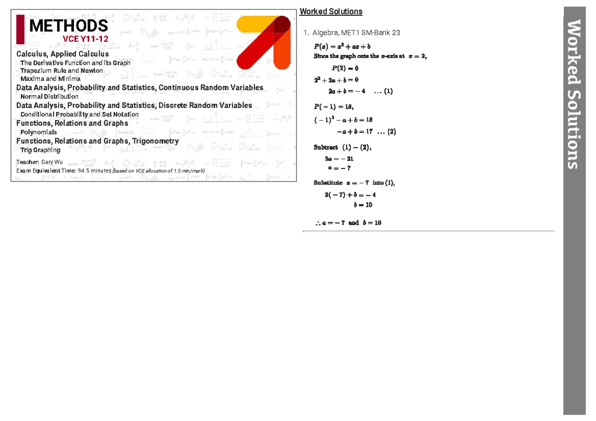 Worked Solutions for VCE Calculus MET1 & MET2: Derivatives, Graphs, and ...