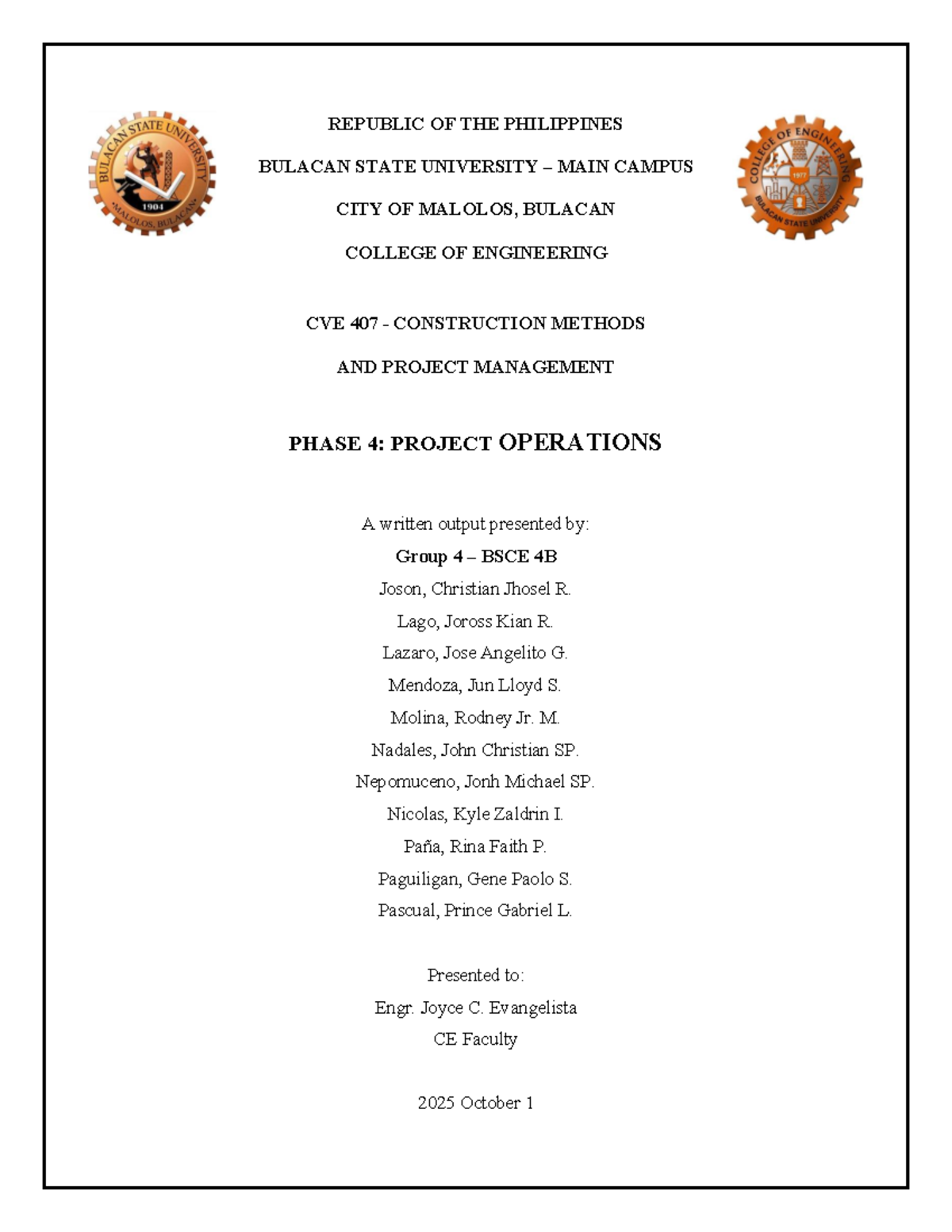 CVE 407 Final Exam: Phase 4 - Project Operations in Construction - Studocu