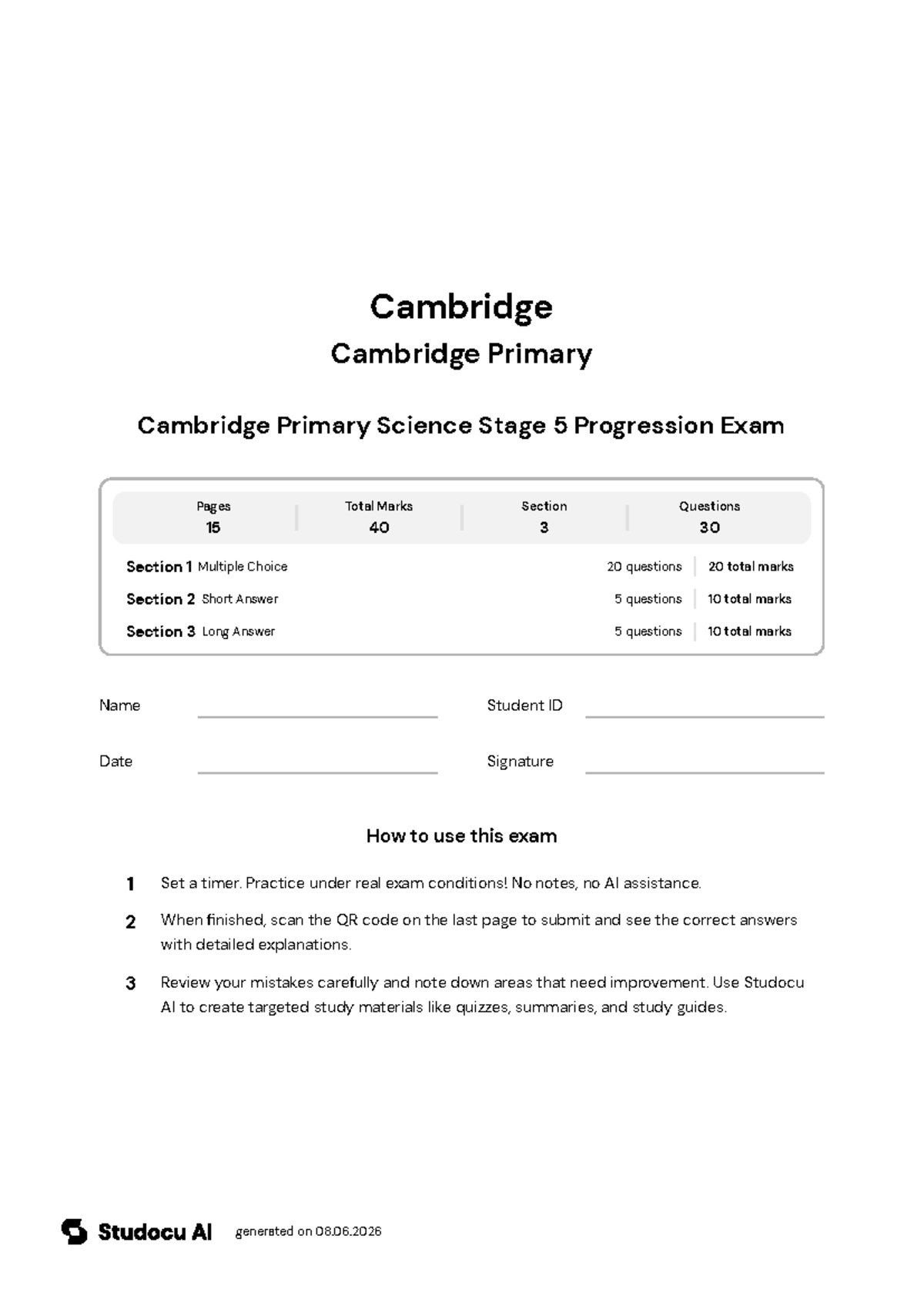 Cambridge Primary Science Stage 5 Progression Exam - Studocu