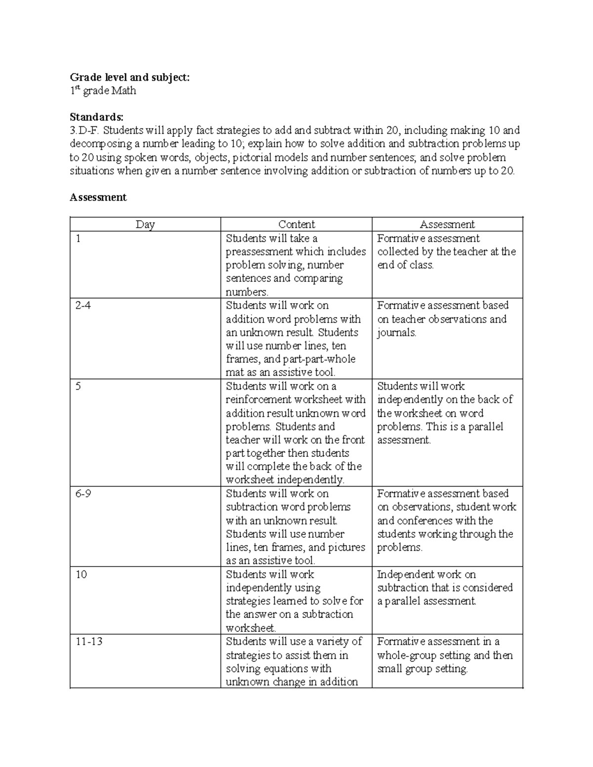1st Grade Math Standards: Addition & Subtraction Strategies Assessment ...