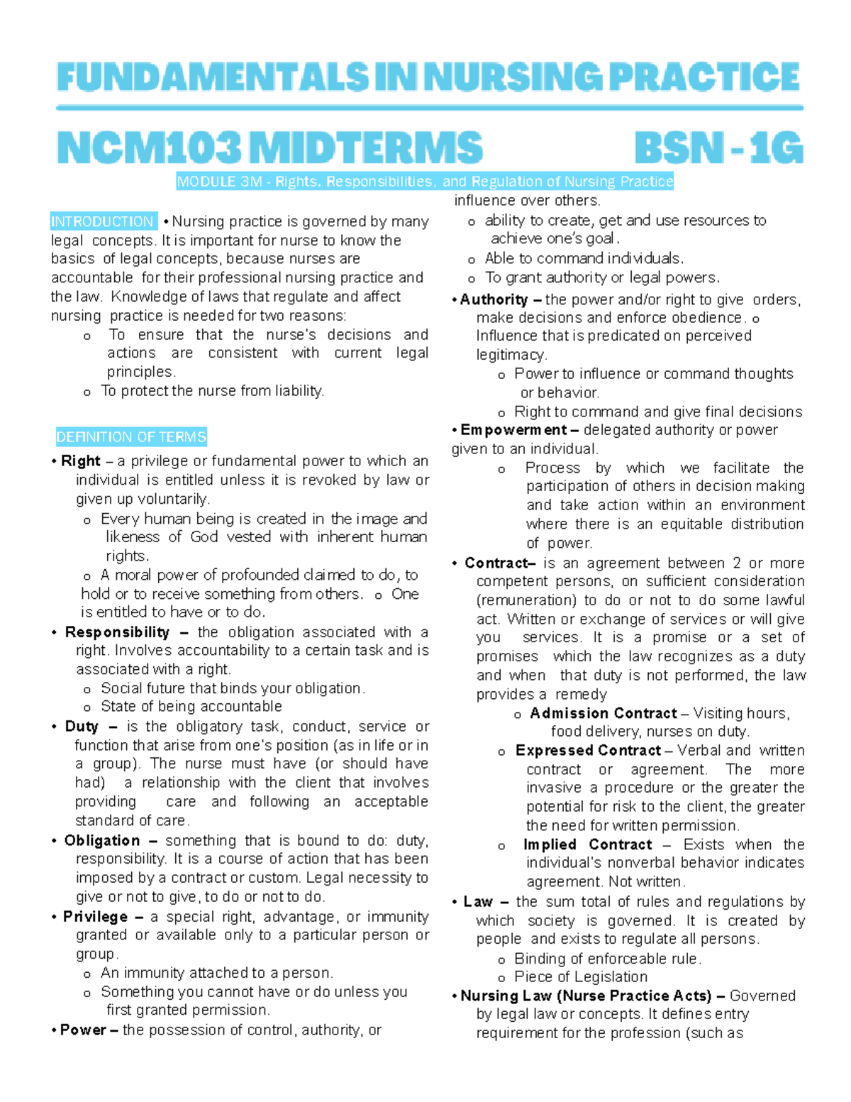 NCM 103 Transes - Module 3M Rights, Responsibilities, AND Regulation OF ...