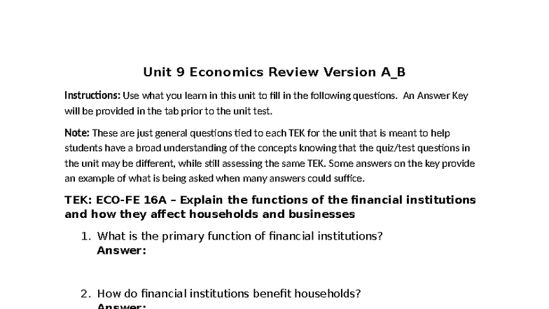 Unit 9 Economics Review Student Version A_B - Studocu