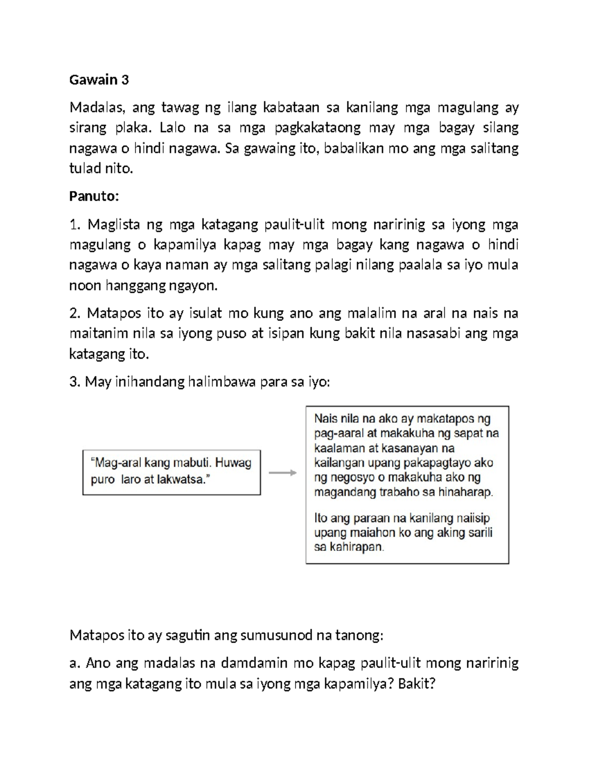 Gawain 3: Paulit-ulit na Kataga ng mga Magulang at Aral na Natutunan ...
