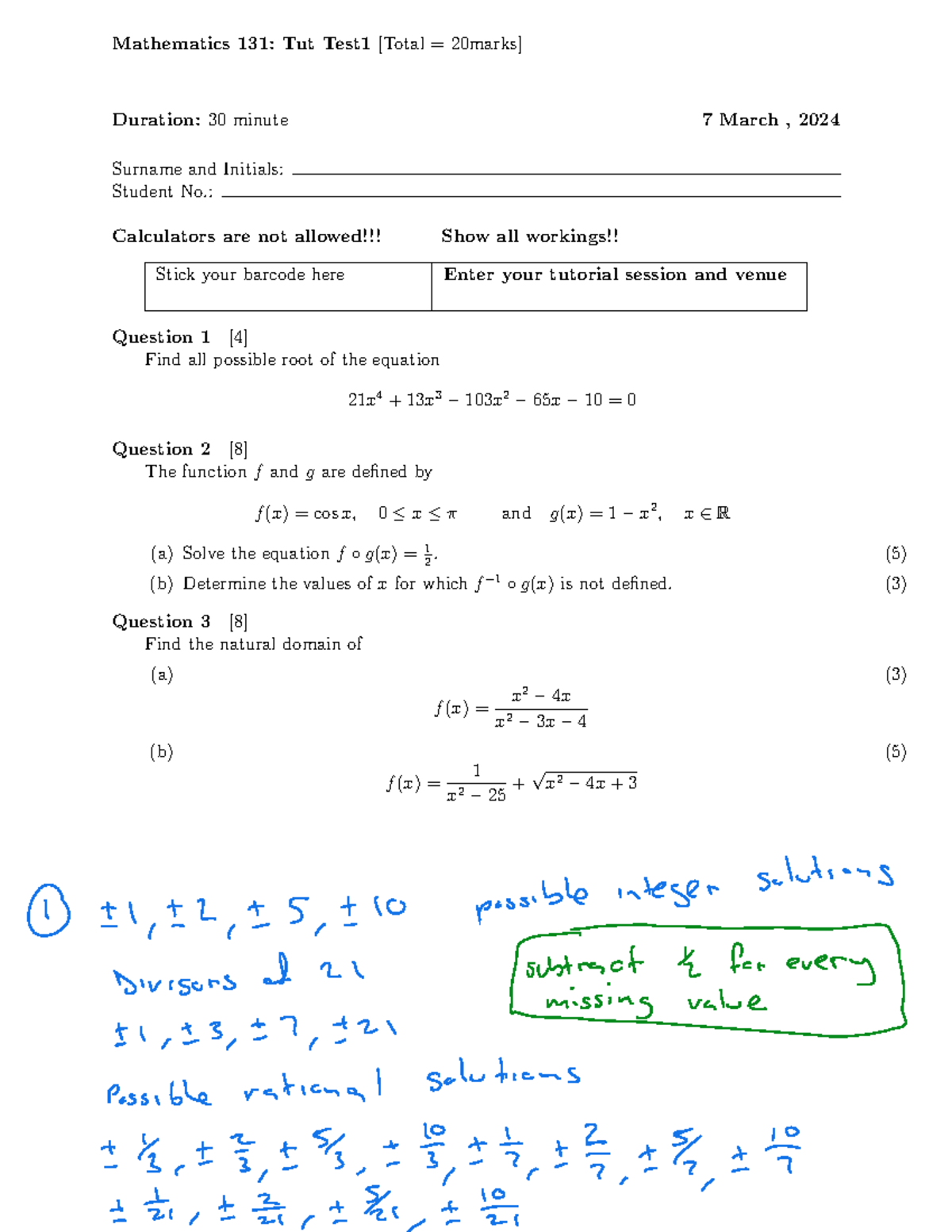 TUT TEST MECH ENGINEERING - Mathematics 131: Tut Test1 [Total = 20marks ...