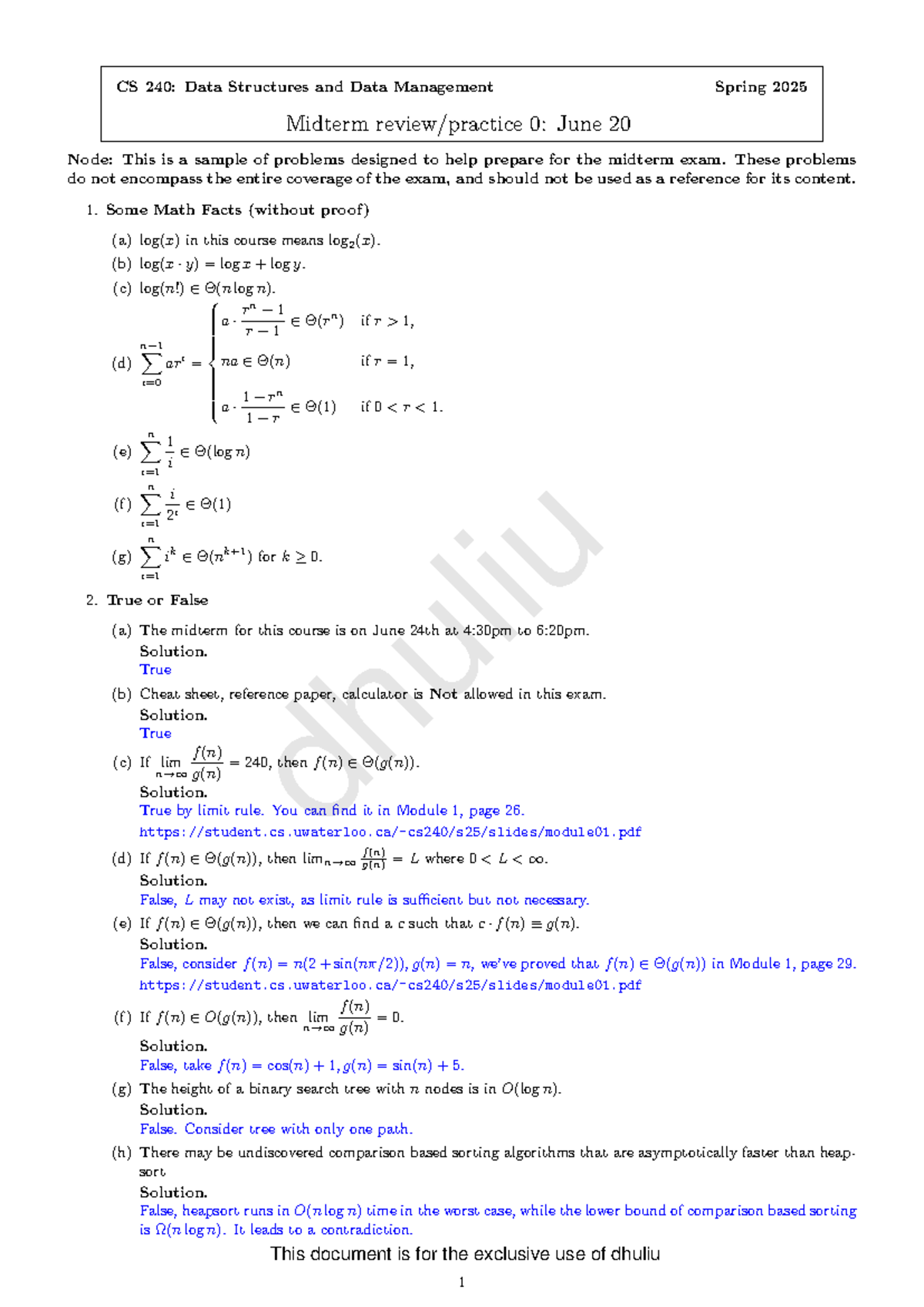 CS 240: Data Structures Midterm 0 Practice Problems Review - Studocu