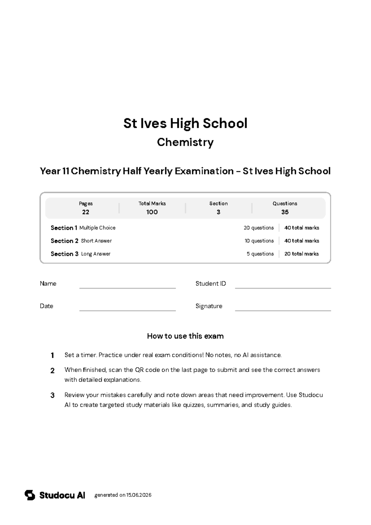 Year 11 Chemistry Half Yearly Exam - St Ives High School - Studocu