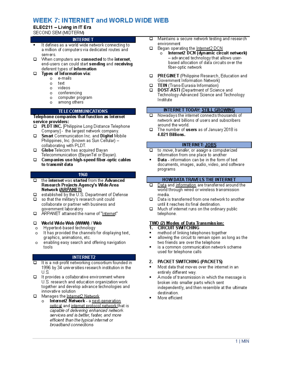 ELEC211 Midterm Reviewer 1 - WEEK 7 : INTERNET and WORLD WIDE WEB ...
