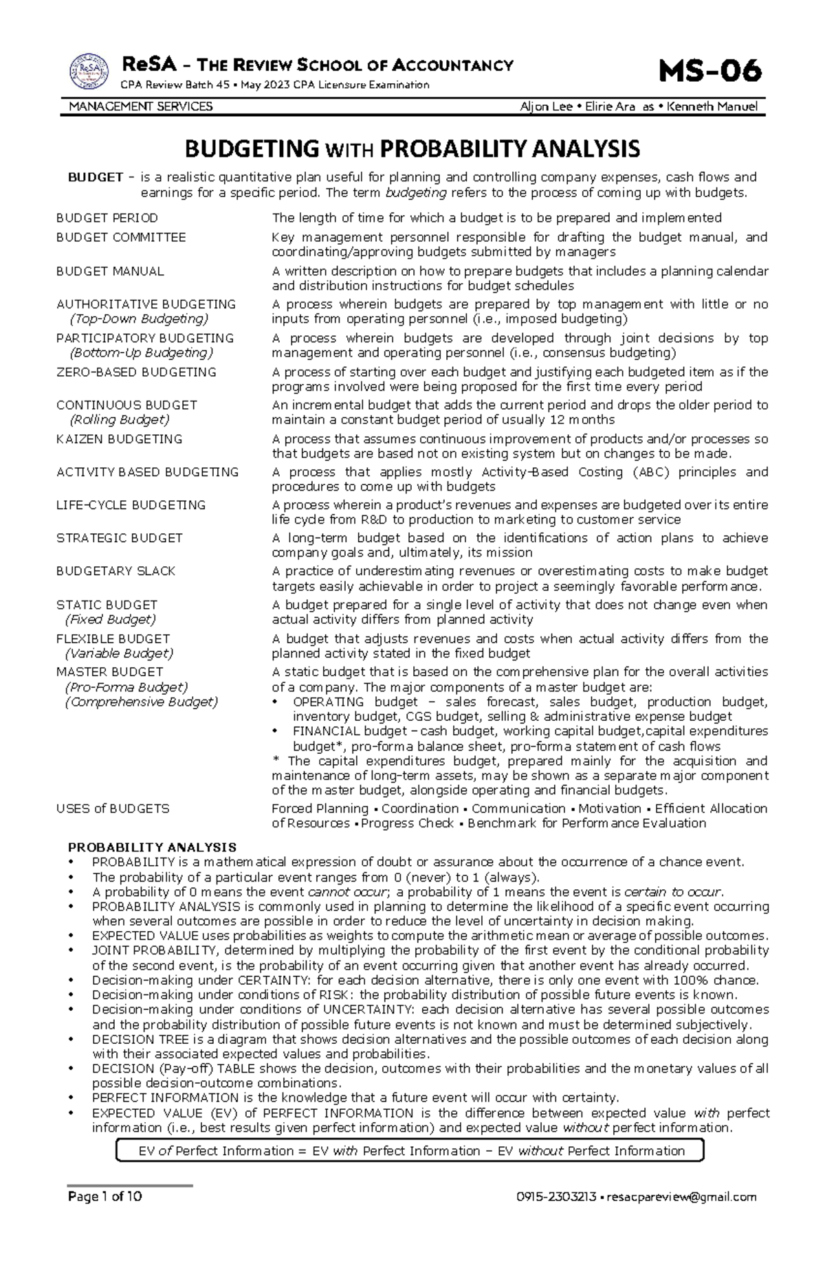 ReSA CPA Review Batch 45: Budgeting & Probability Analysis Notes - Studocu
